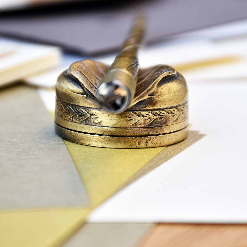 Pen rest or dip pen rest made of pewter with shape of a Leaf. Made in ...