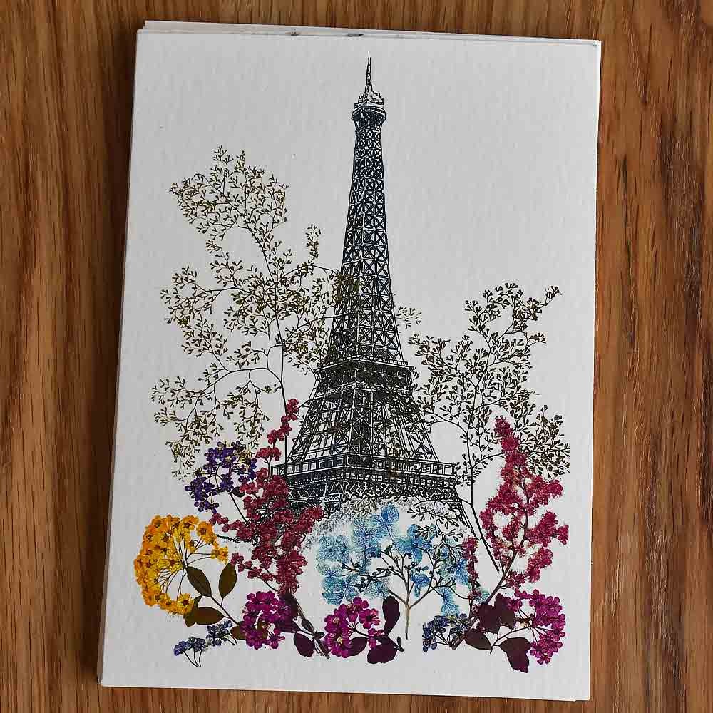 10 postcards with pressed flowers, Eiffel Tower and Monument of Paris.