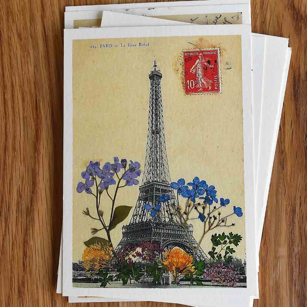 10 postcards with pressed flowers, Eiffel Tower and Monument of Paris.