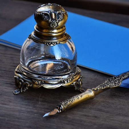 Encrier romantique en verre et étain naturel