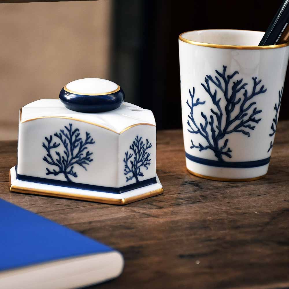 Royal Blue Coral inkwell and pencil holder in Limoges porcelain